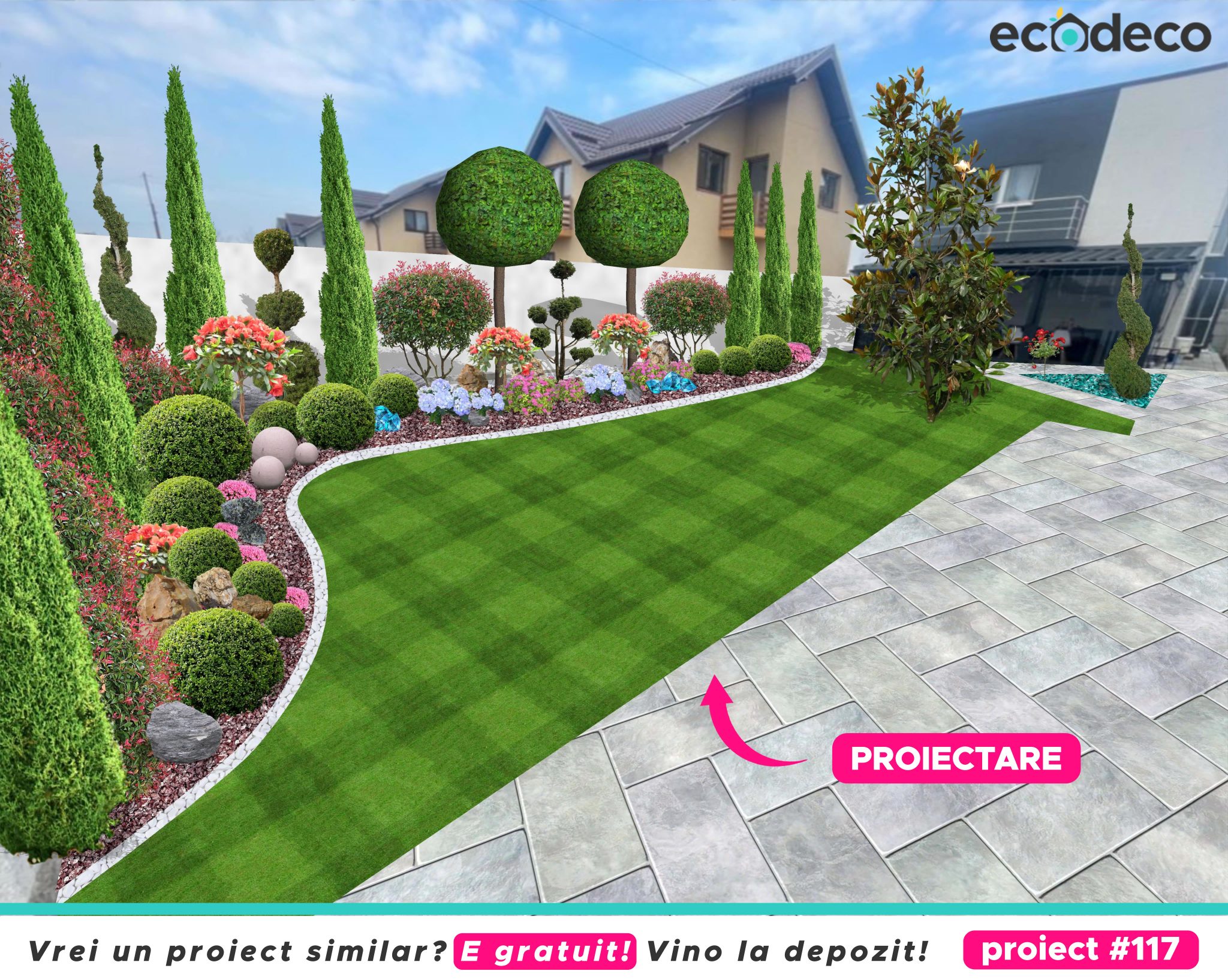 Proiectare grădină cu plante ornamentale, piatră decorativă și gazon ...
